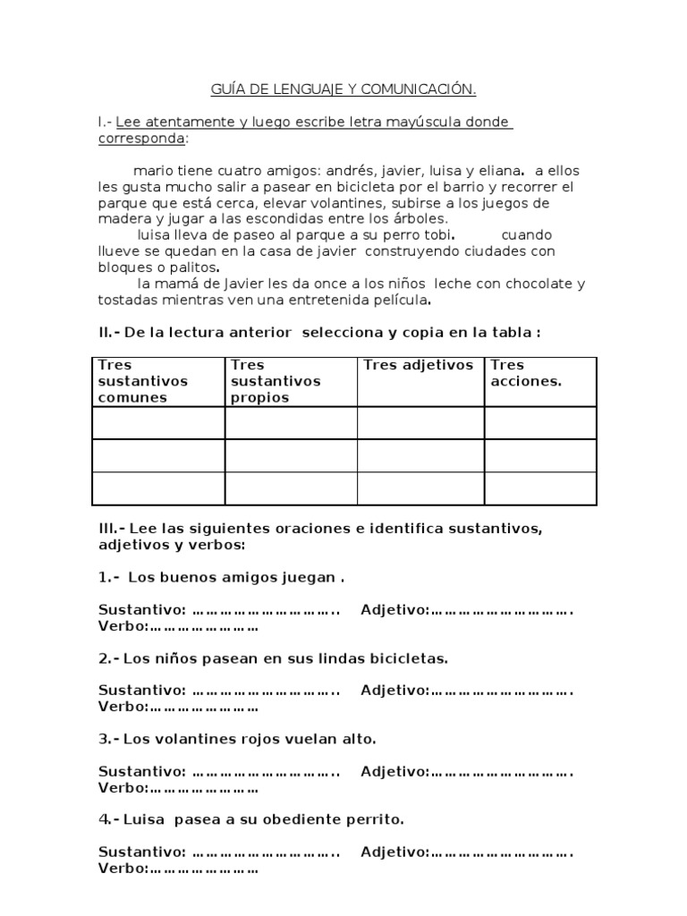 Hoja De Trabajo De Verbo Sustantivo Adjetivo