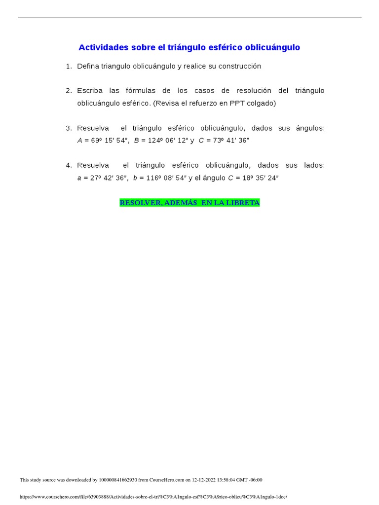 Actividades Sobre El Tri Ngulo Esf Rico Oblicu Ngulo 1 | PDF