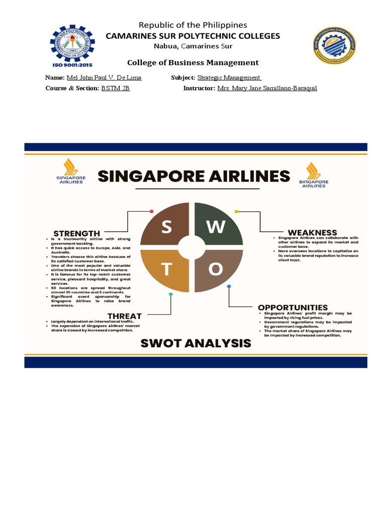 Singapore Airlines SWOT Analysis (Mel de Lima) | PDF