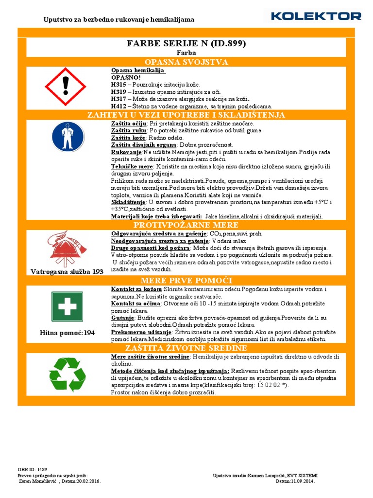 Uputstvo Za Siguran Rad Sa Hemikalijama FARBE N SERIJE | PDF