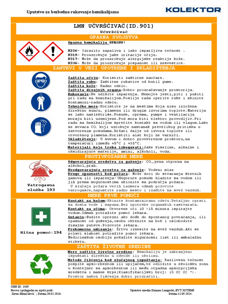 Uputstvo Za Siguran Rad Sa Hemikalijama LMN-učvršćivač - Za Štampu | PDF