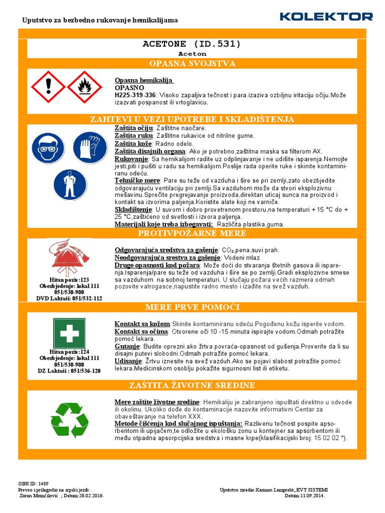 Uputstvo Za Siguran Rad Sa Hemikalijama ACETON - PREVOD SRPSKI | PDF