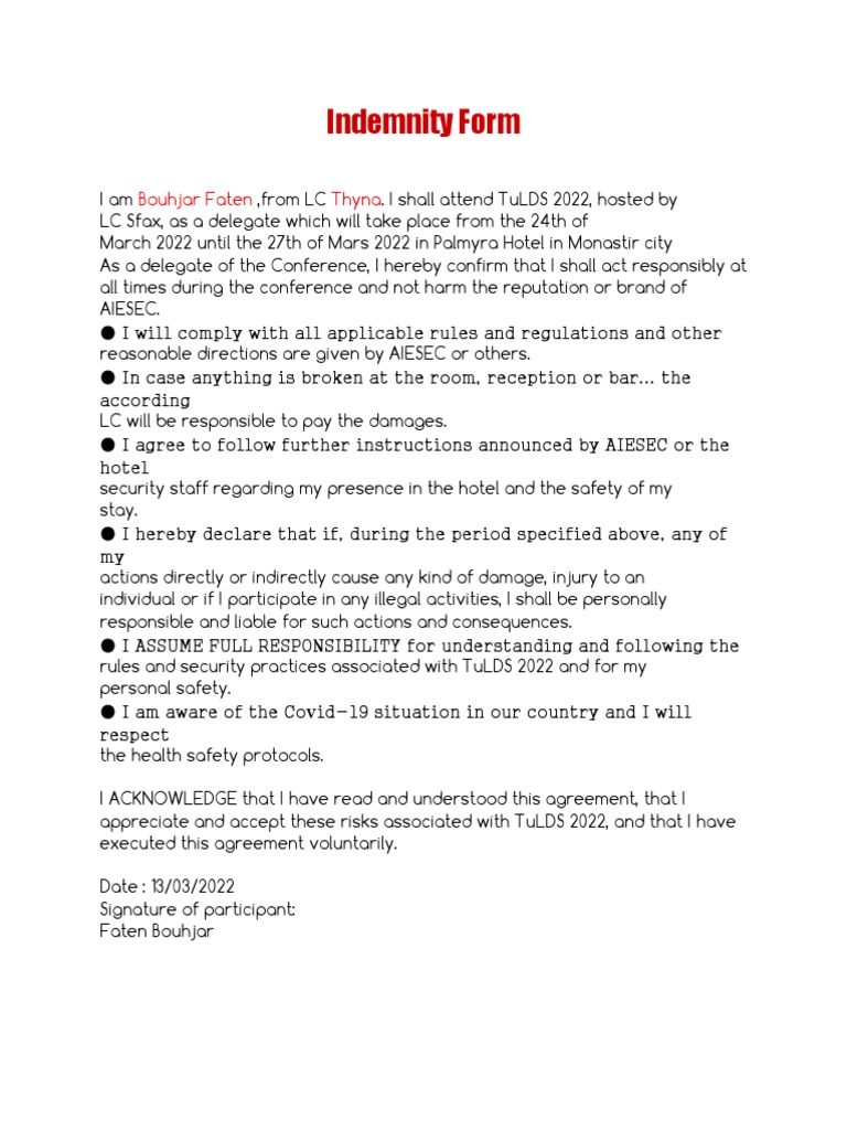 Indemnity Form | PDF | Safety | Health Sciences