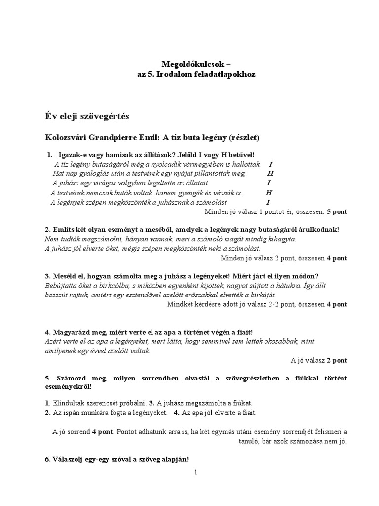 Megoldókulcs Irodalom 5. Feladatlapok | PDF
