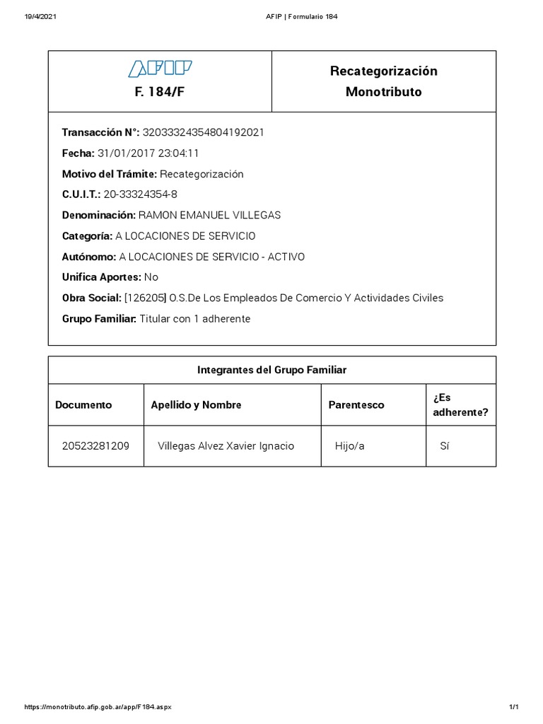 AFIP - Formulario 184 | PDF