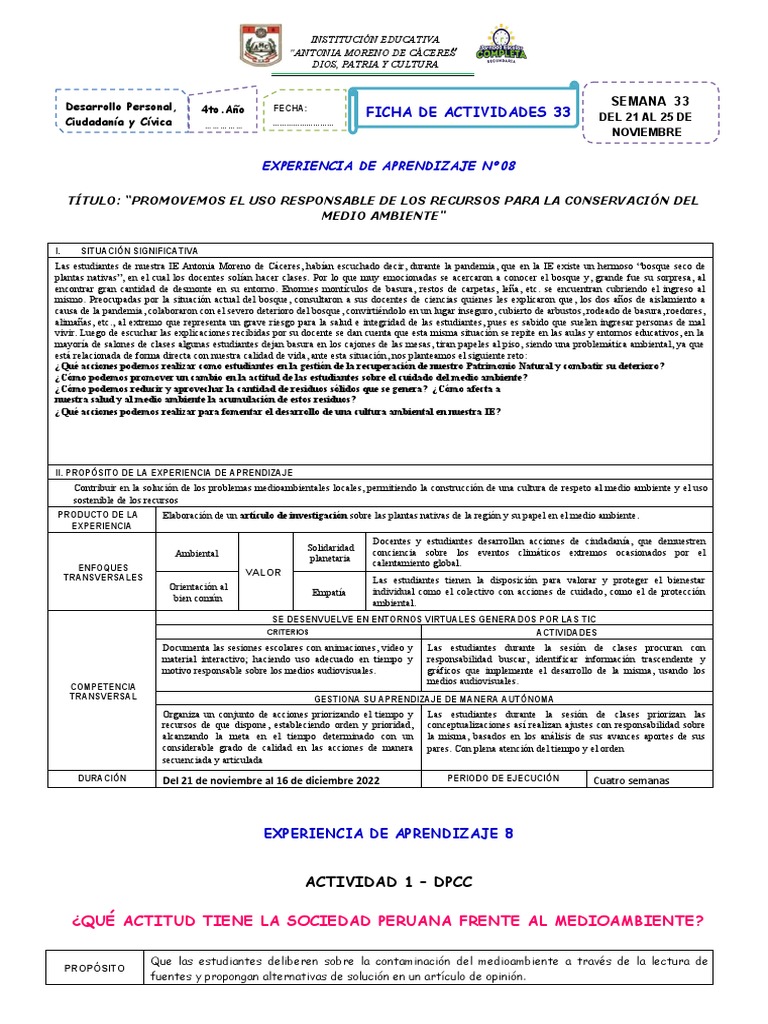 4to. Semana 33 - Exper. 8 - Ficha 33 | PDF | Entorno natural | Residuos