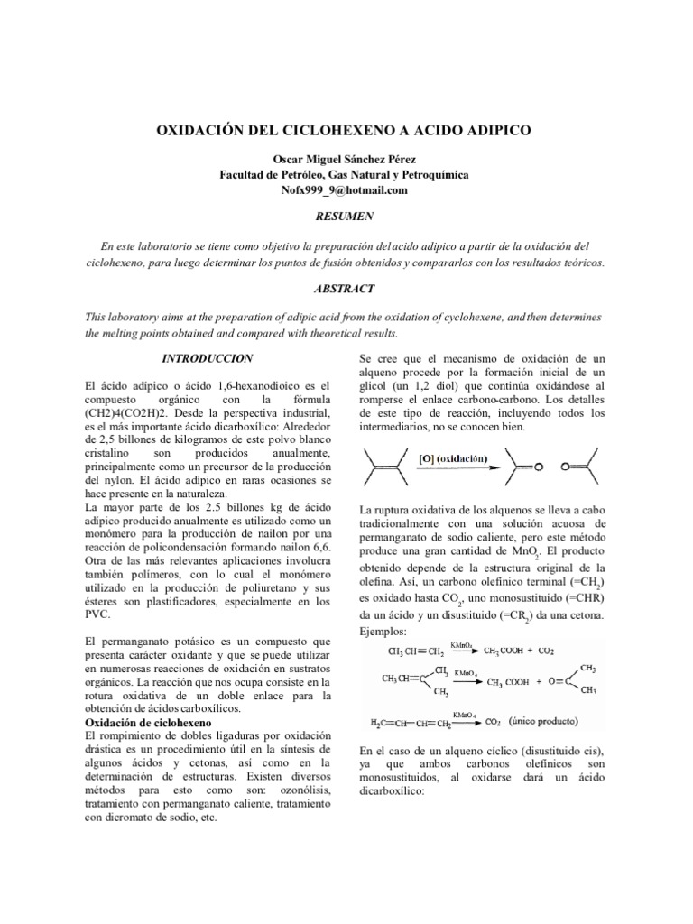 Oxidacion Del Ciclohexeno A Acido Adipico | PDF