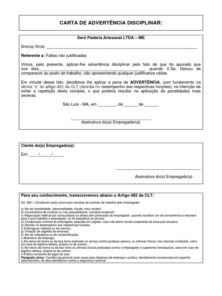 Carta de advertência disciplinar enviada a funcionário por faltas não ... Carta de advertência disciplinar enviada a funcionário por faltas não ...
