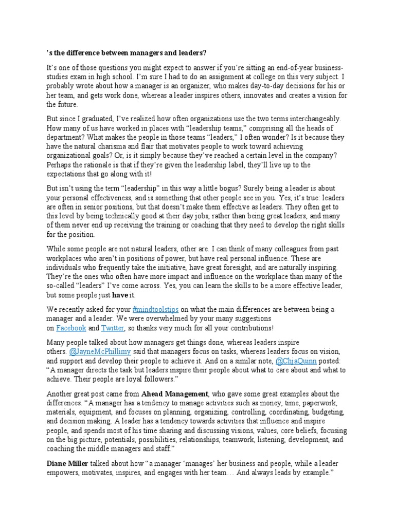 Manager Vs Leader | PDF | Leadership | Business