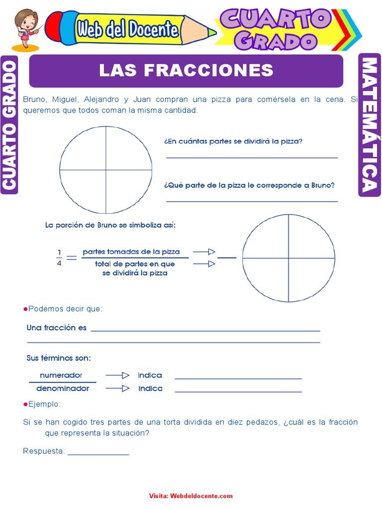 Lectura y Escritura de Fracciones para Cuarto Grado de Primaria | PDF
