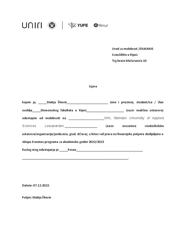 Izjava o Odustajanju Od Mobilnosti | PDF