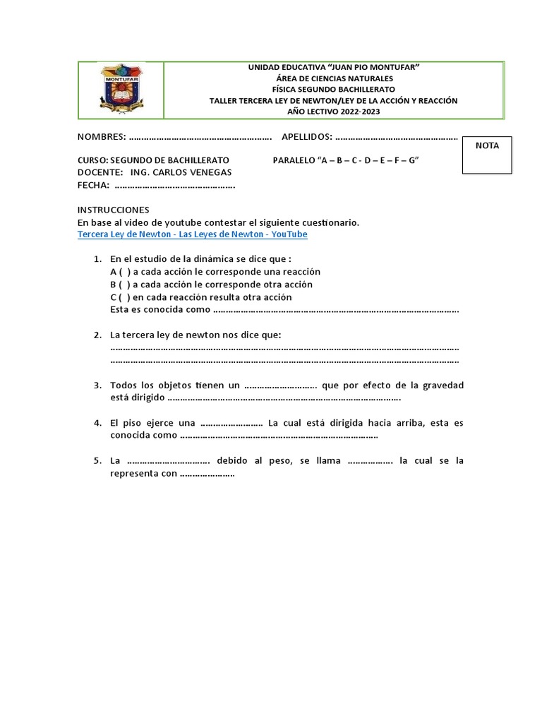 Taller 3 Tercera Ley de Newton | PDF