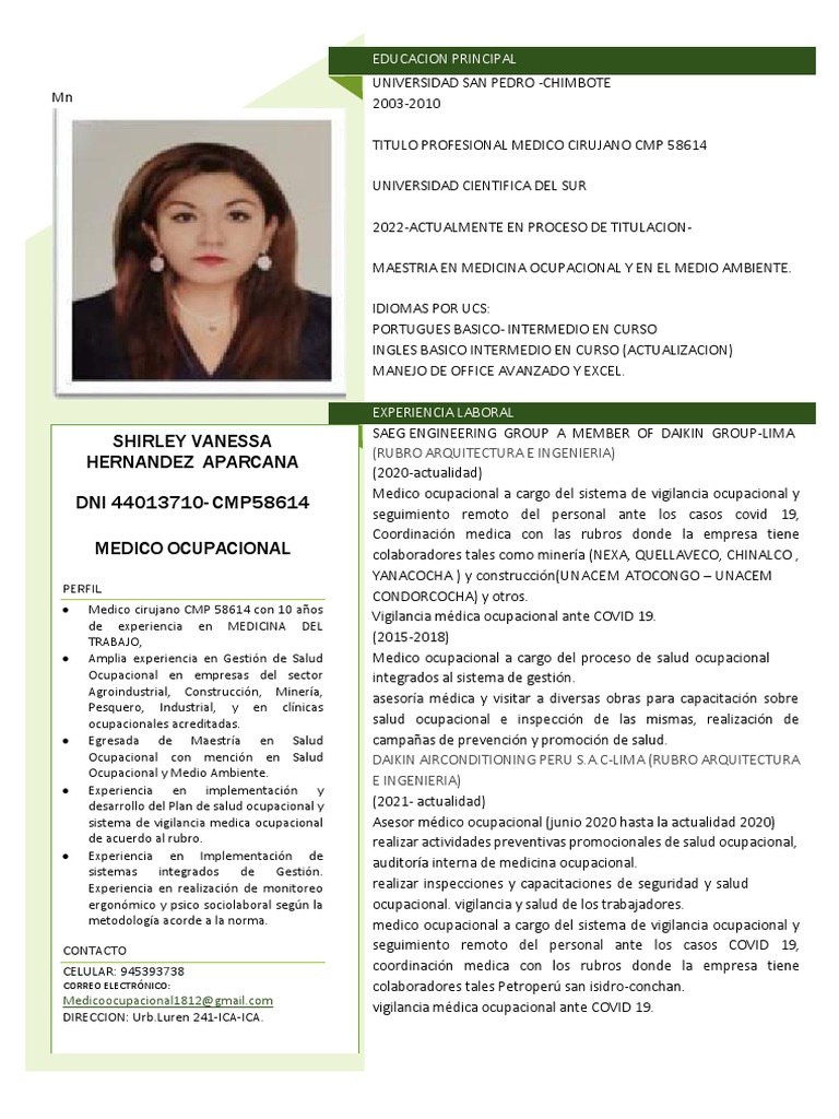 CV Shirley Vanessa Hernandez Aparcana | PDF | Medicina | Hospital