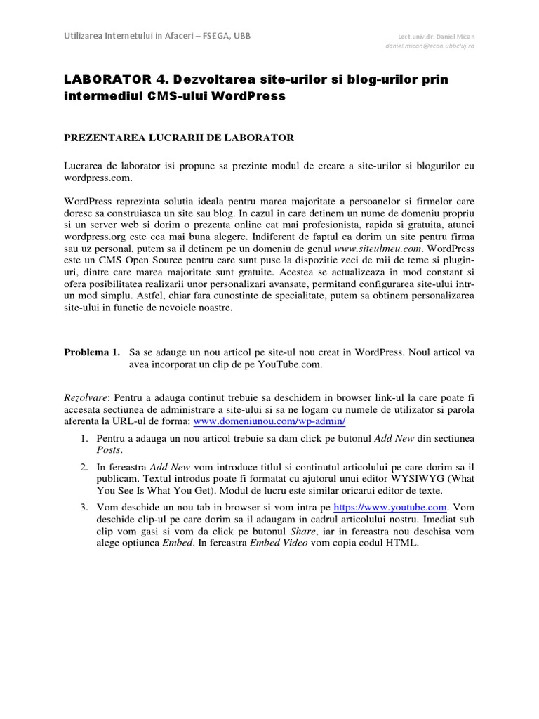 Utilizarea Internetului in Afaceri FSEGA, UBB Lect - Univ.dr. Daniel Mican LABORATOR 4 ...