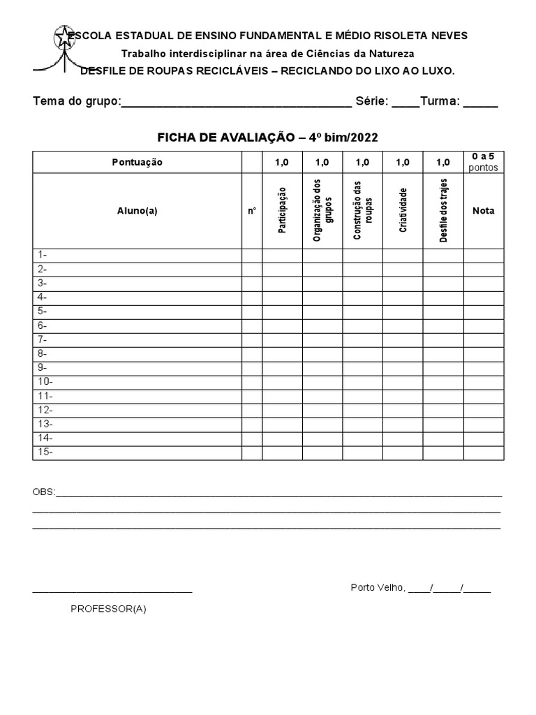 TRAB C.natuREZA 2022 Desfile de Roupas Ficha de Avaliação | PDF