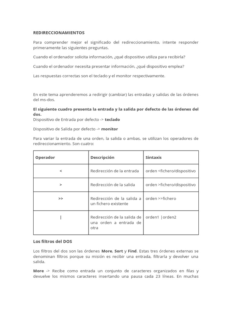 Redireccionamiento en MS-DOS: Guía Completa | PDF | Archivo de ...
