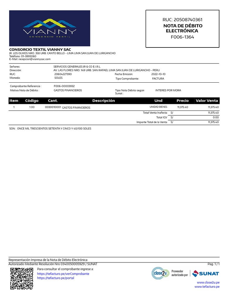 Consorcio Textil Vianny Sac: Nota de Débito Electrónica | PDF | Dinero ...