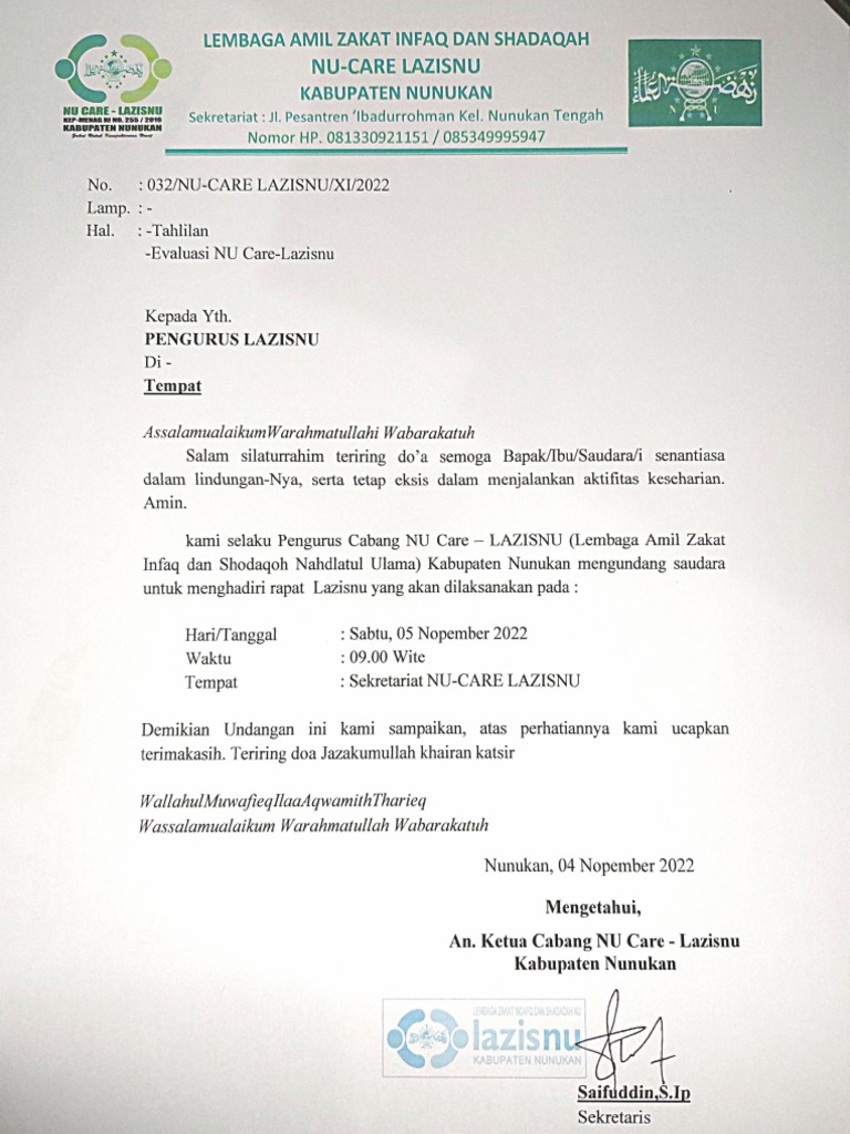 Undangan Tahlilan Beserta Rapat Evaluasi NU Care - Lazisnu | PDF