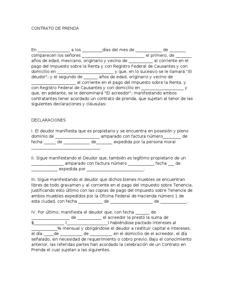 CONTRATO DE PRENDA | Pagos | Política