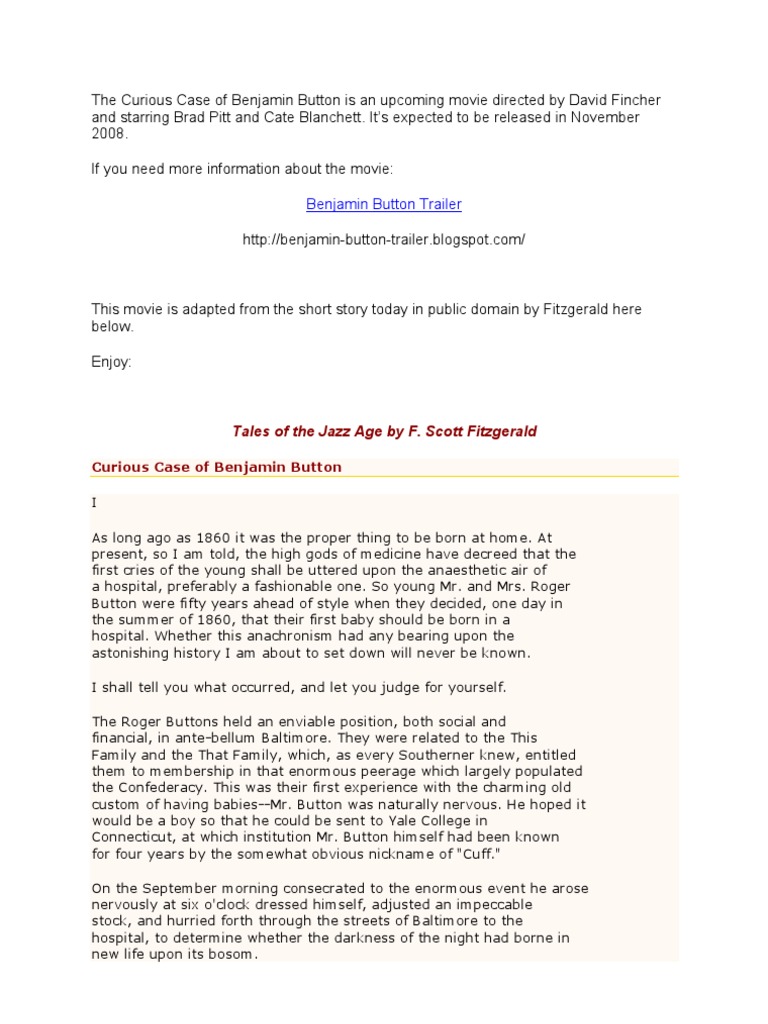 Benjamin Button Trailer: Tales of The Jazz Age by F. Scott Fitzgerald | PDF