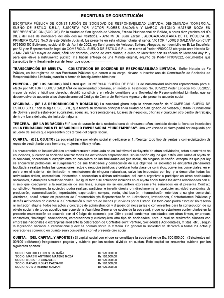 Escritura de Constitución | PDF | Sociedad de responsabilidad limitada | Sociedad