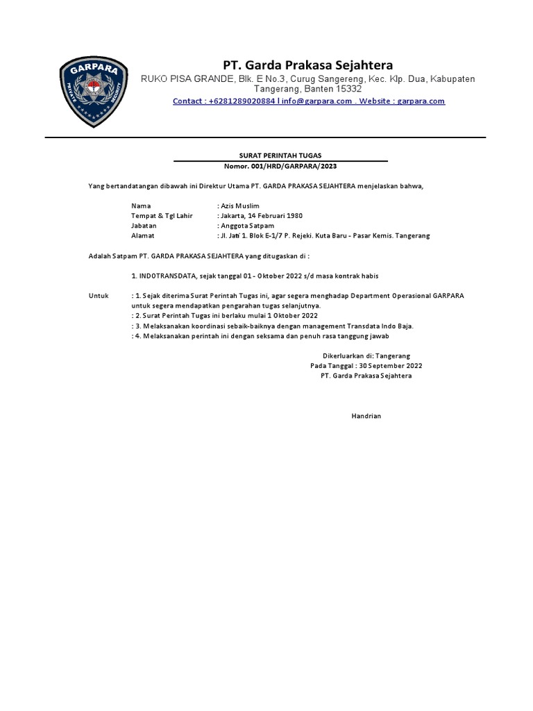 Surat Tugas Security Faizal | PDF
