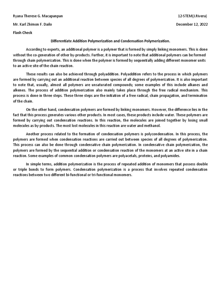 Addition vs. Condensation Polymerization | PDF | Polymerization | Polymers