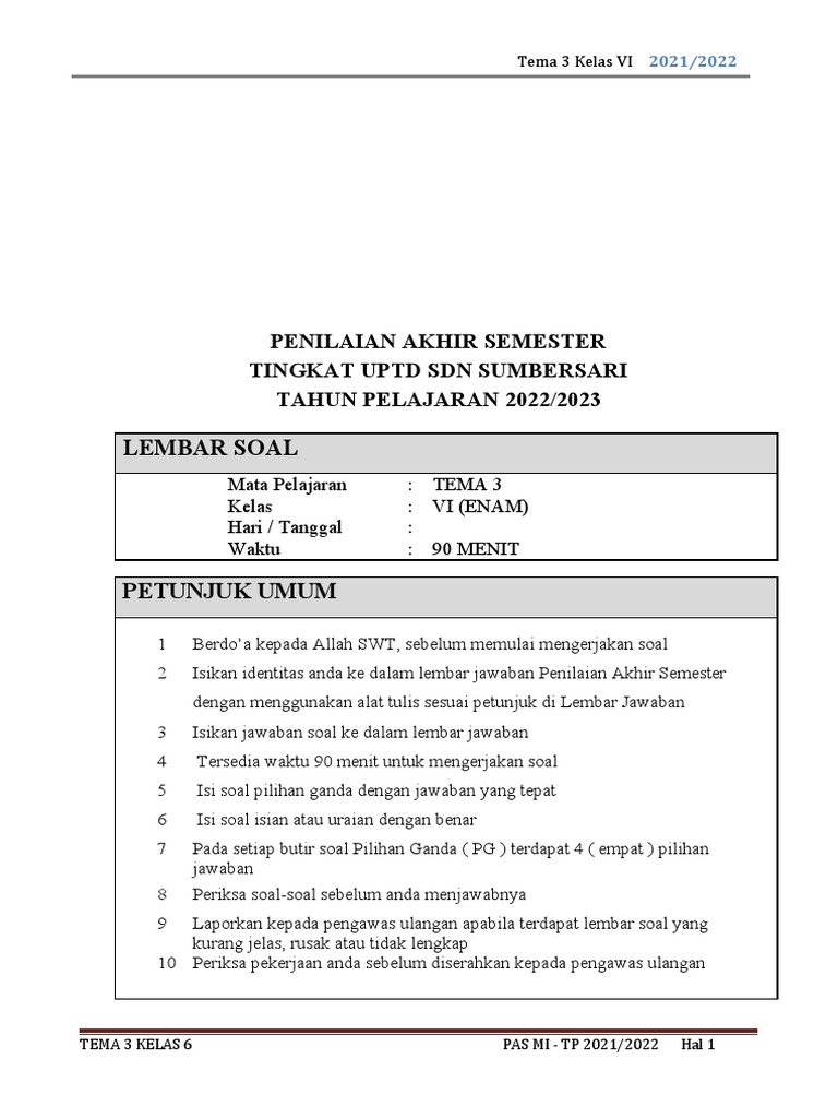 Naskah Soal Pas Kelas 6 Tema 3 | PDF