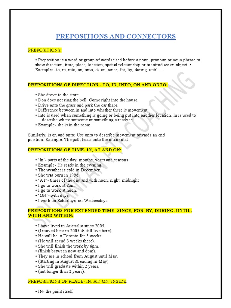 Understanding Prepositions and Connectors | PDF | Preposition And Postposition | Verb