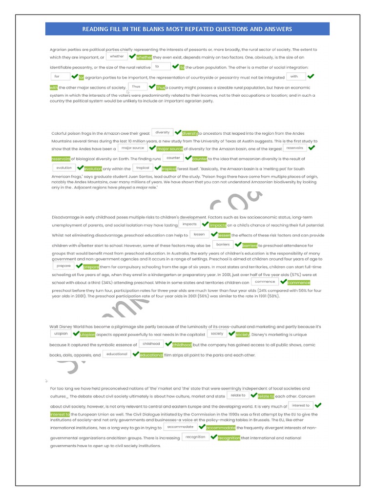 Reading Fill in The Blanks Most Repeated Questions and Answers | PDF