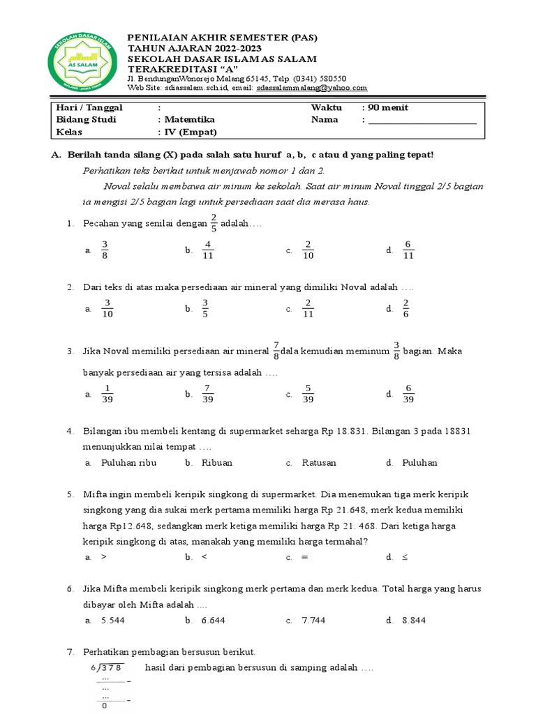 Soal PAS MTK Kelas 4 | PDF