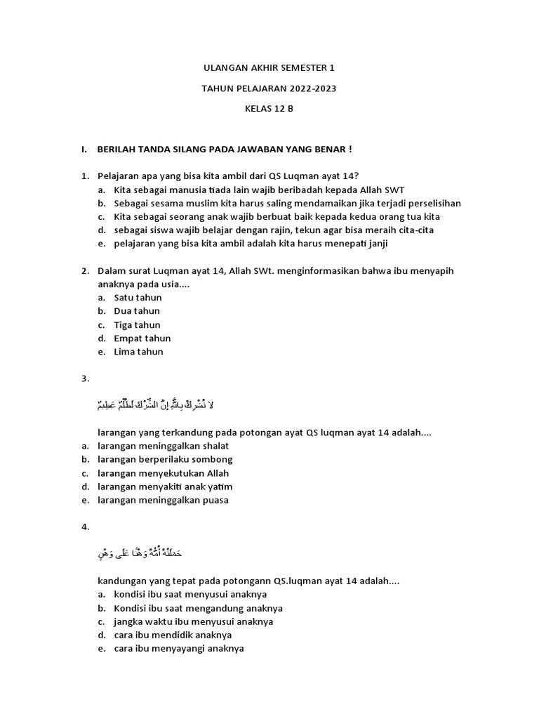 Soal UAS Agama Kelas 12: QS Luqman & Asmaul Husna | PDF