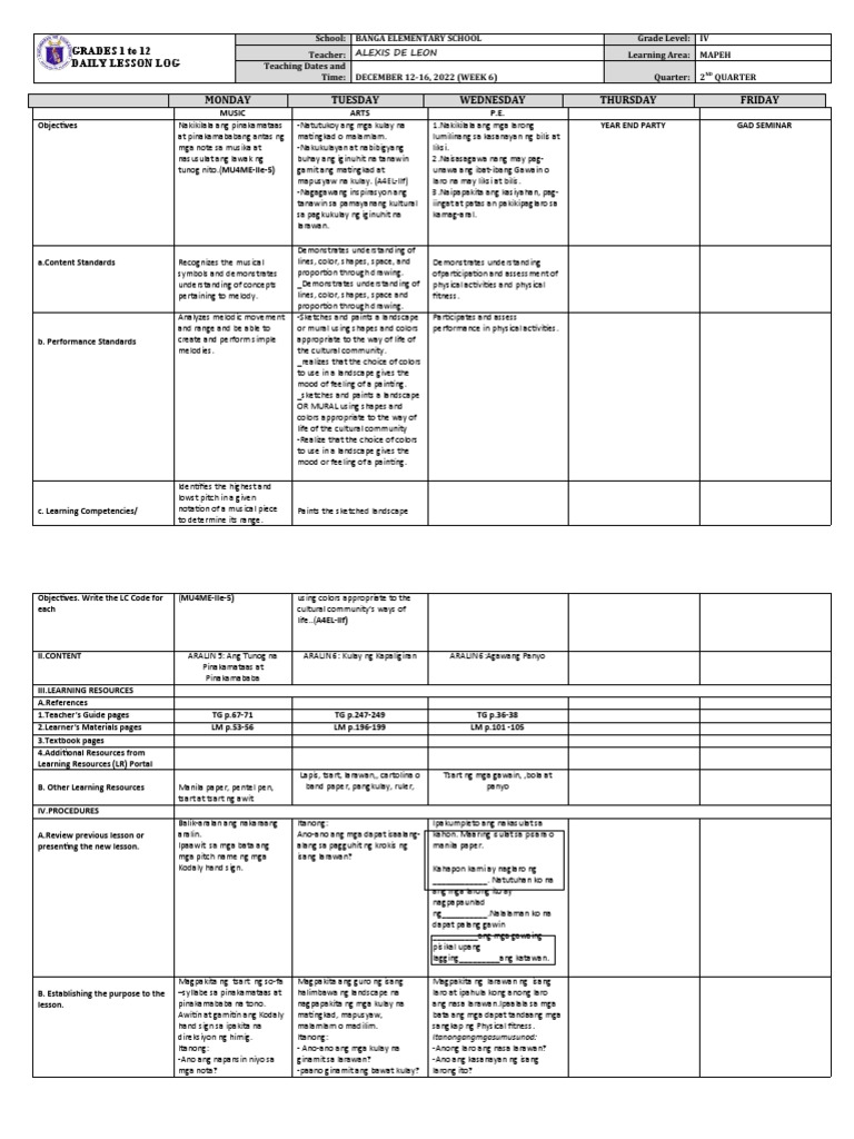 DLL - Mapeh 4 - Q2 - W6 | PDF
