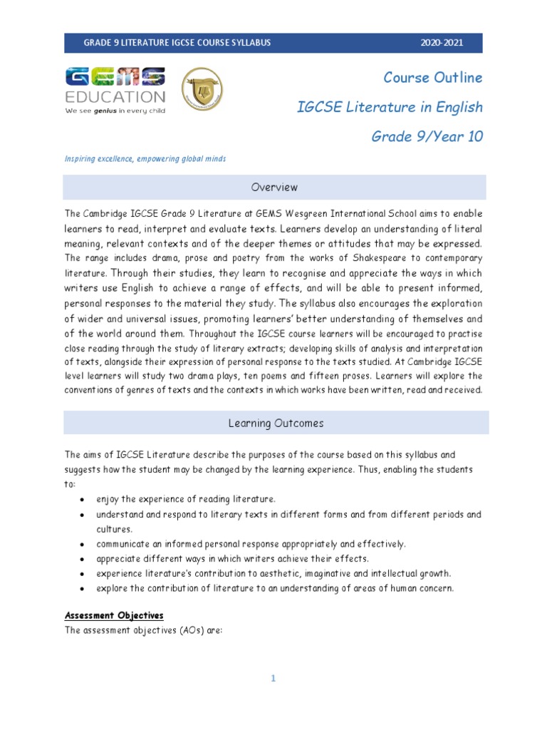 Grade 9 Literature Syllabus Overview 2020-2021 | Download Free PDF ...