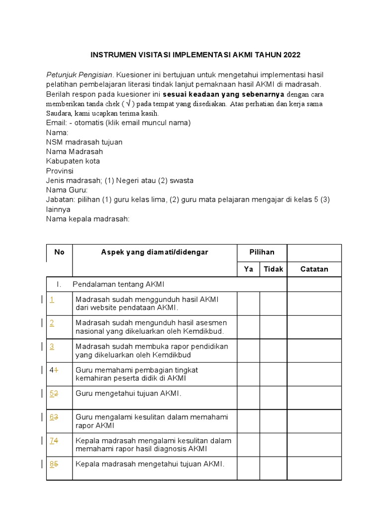 Instrumen Instruktur Visitasi Implementasi | PDF