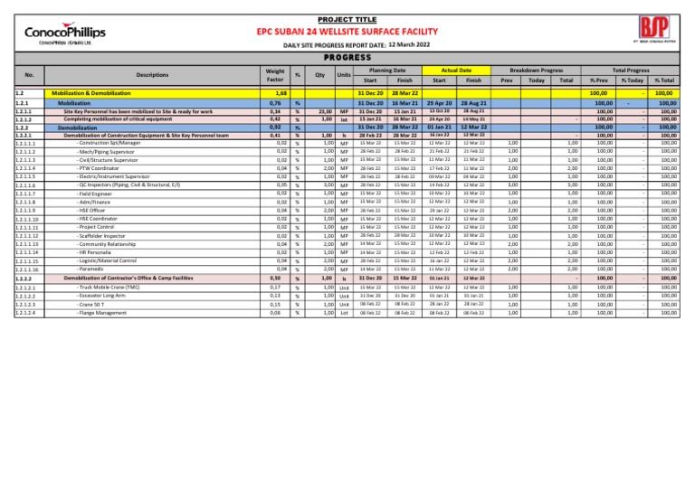 Demob Plan Vs Actual Progresss | PDF
