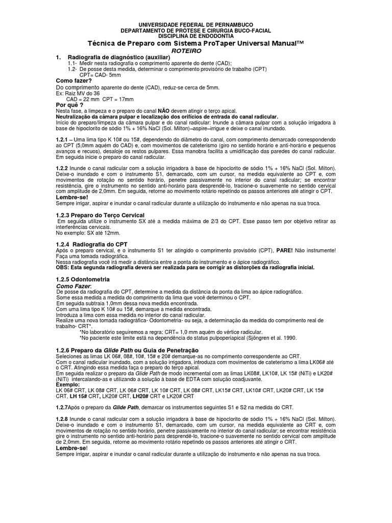 Roteiro Técnica ProTaper Universal Manual 2015... | PDF