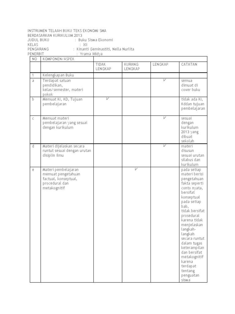 Instrumen Telaah Buku Teks Ekonomi Sma | PDF