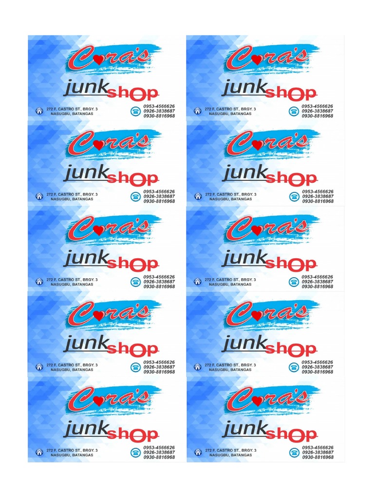 Cora's Junk Shop Call Card A4 | PDF