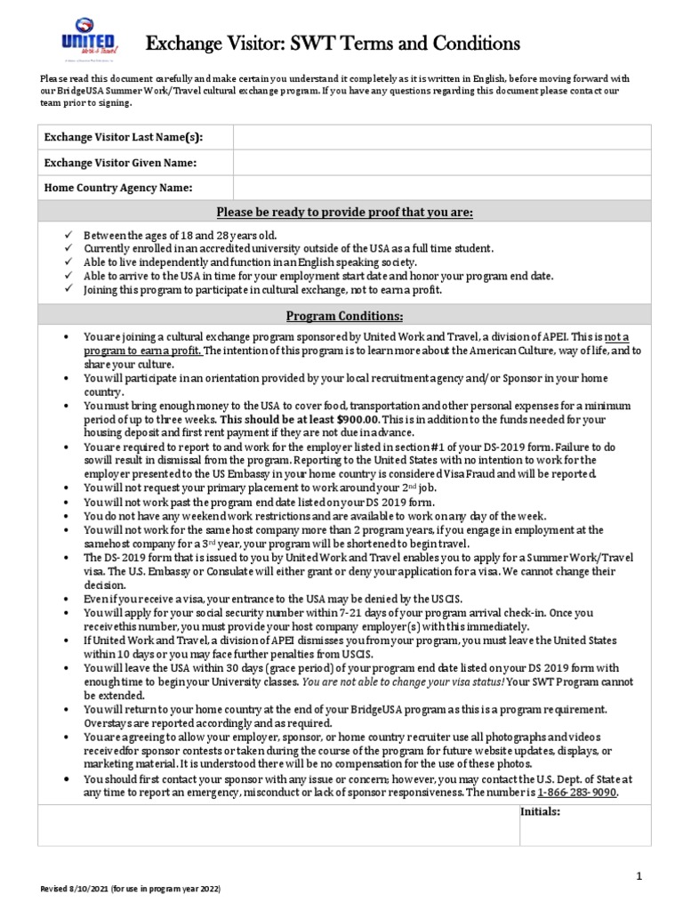 SWT Program Terms and Conditions | PDF | Travel Visa | Employment