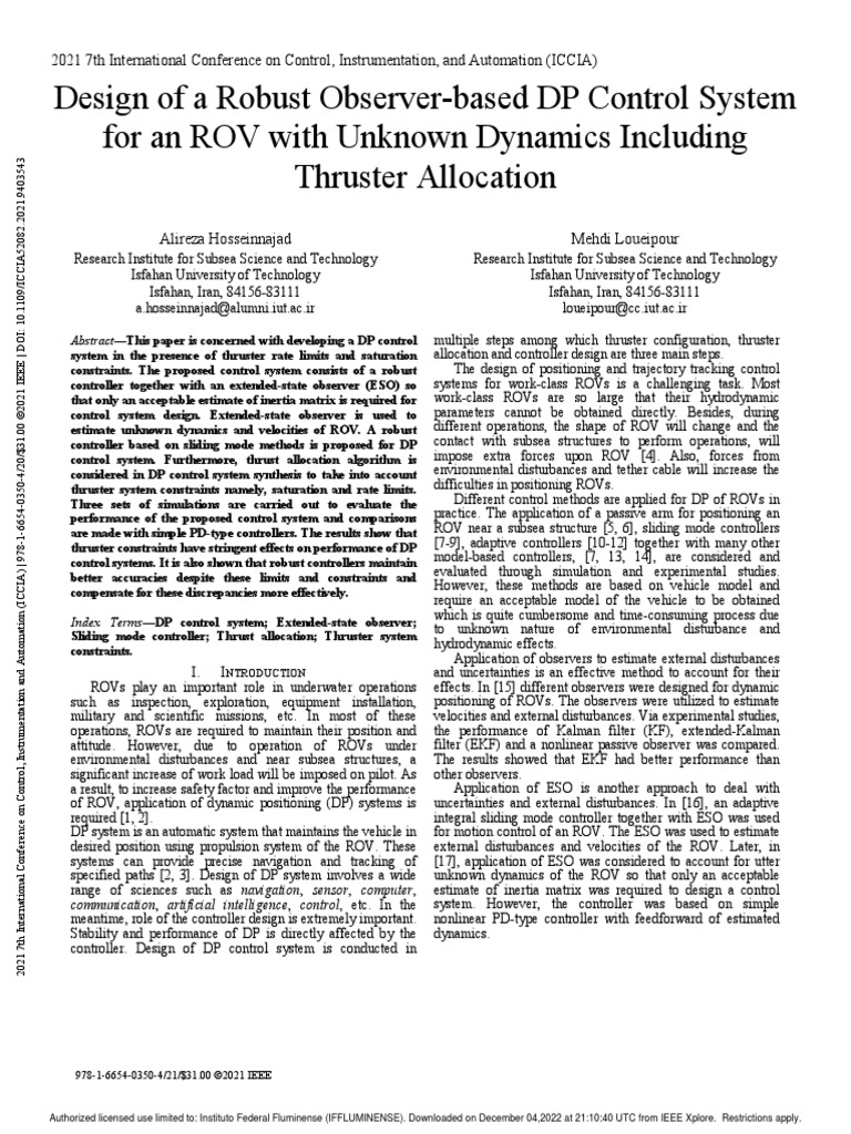 Design of A Robust Observer-Based DP Control System For An ROV With ... Design of A Robust Observer-Based DP Control System For An ROV With ...