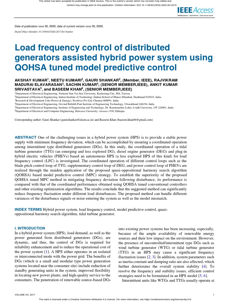 Load Frequency Control of Distributed Generators Assisted Hybrid Power System Using QOHSA Tuned ...
