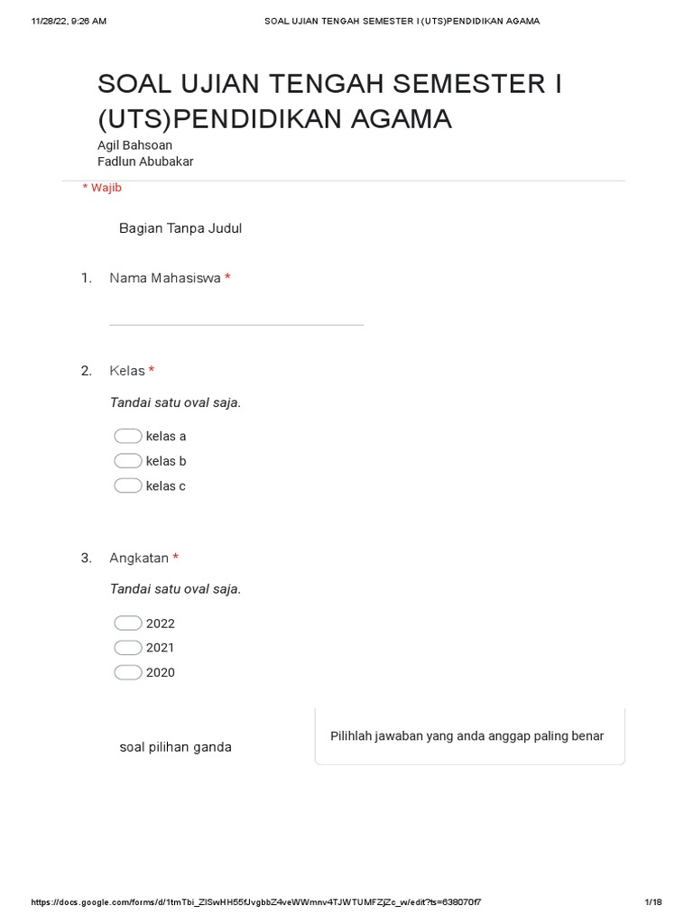 Soal UTS Pendidikan Agama 2022 | PDF