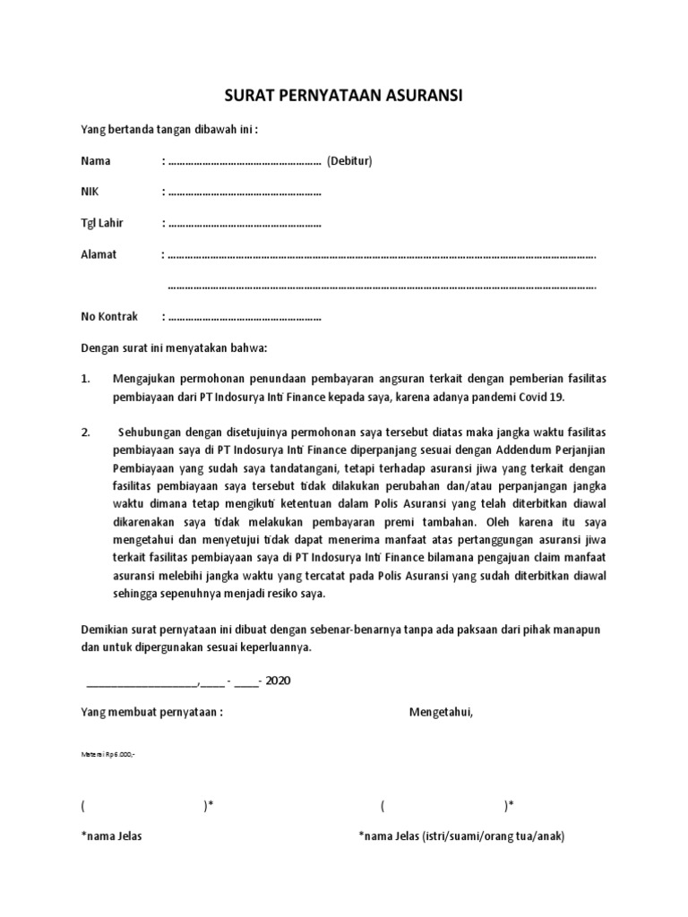Surat Pernyataan Asuransi Jiwa (Tidak Diperpanjang) Kondisi Covid 19 | PDF