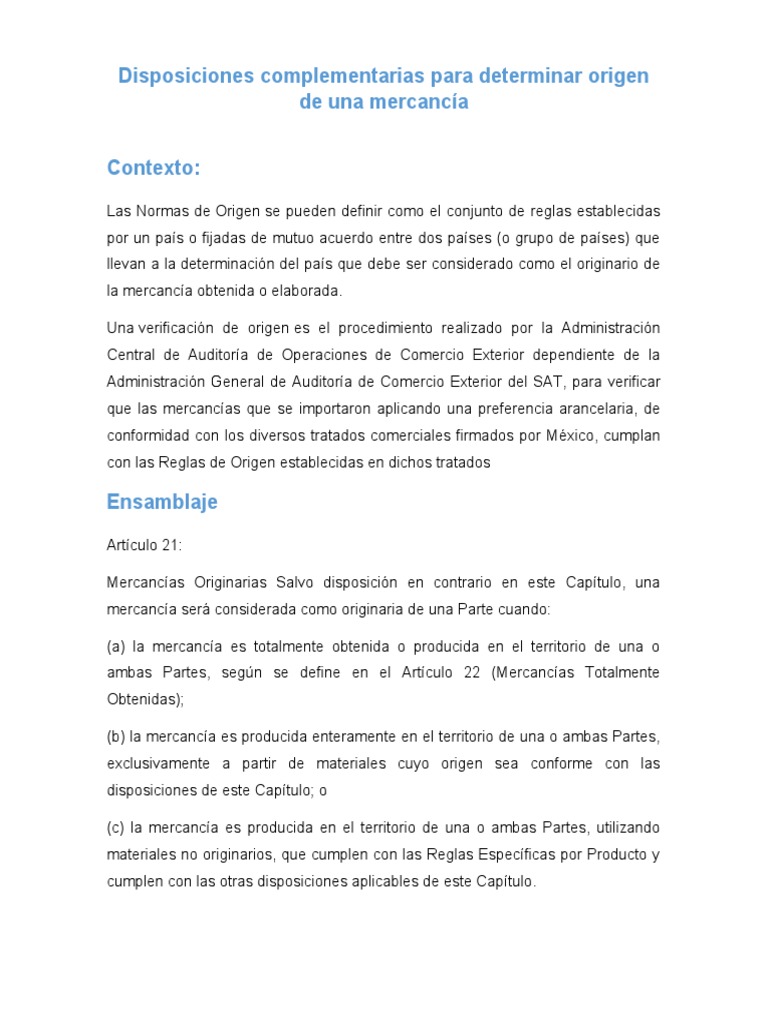 Disposiciones Complementarias para Determinar Origen de Una Mercancía | PDF | Comercio | Business