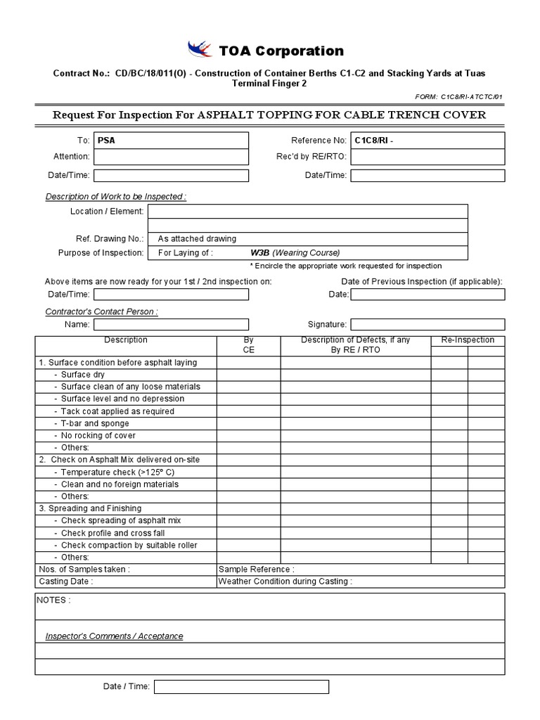 Asphalt Topping Inspection Request for Cable Trench Cover Construction ...