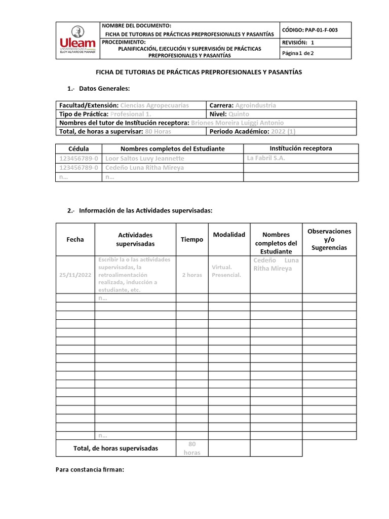 PAP 01 F 003 Ficha para Supervisar Al Estudiante | PDF