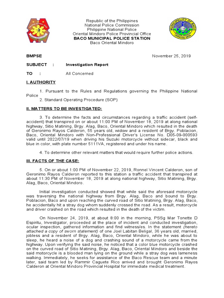 Investigation Report Re Traffic Accident Geronimo Rayos Calderon ...