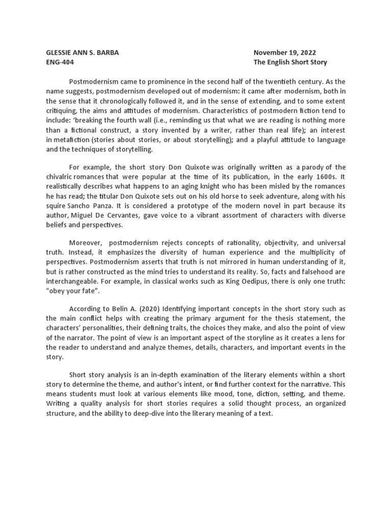 Glessie Ann B. Short Story | Download Free PDF | Narrative | Postmodernism