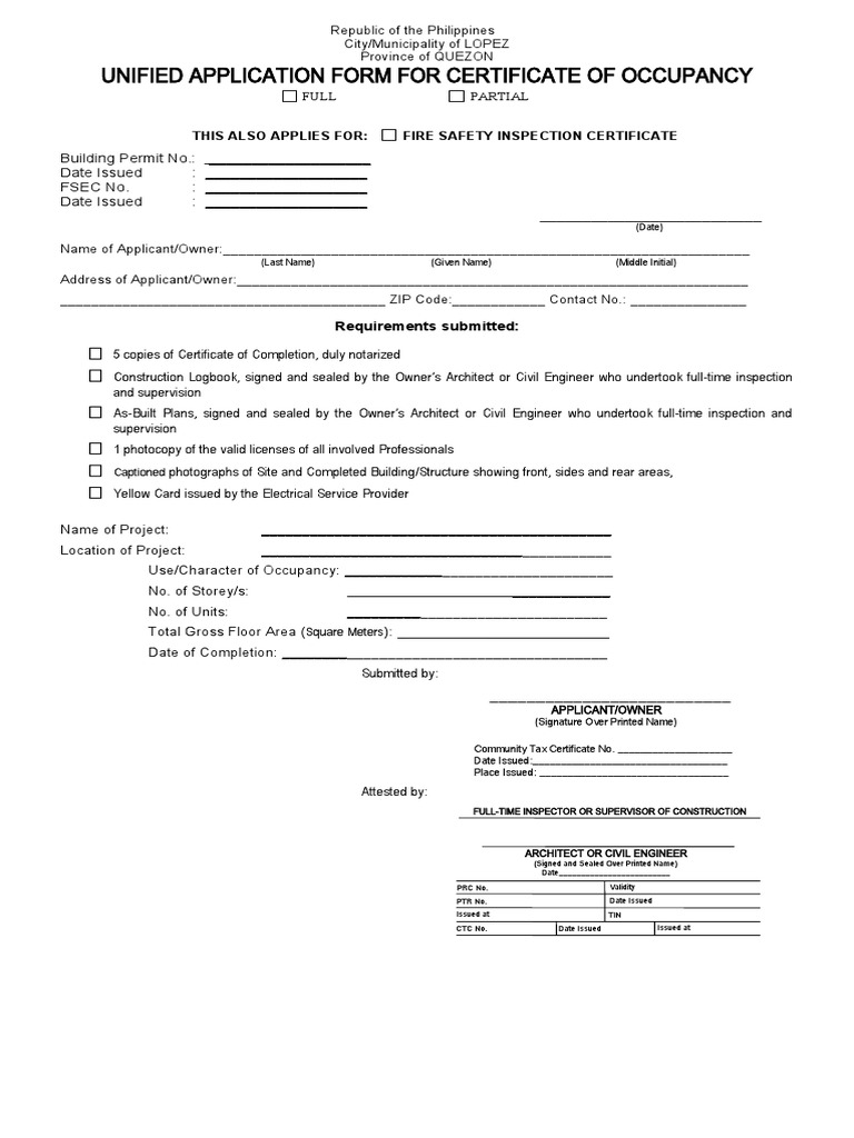 3 Unified Application Form For Certificate of Occupancy - DPWH | PDF